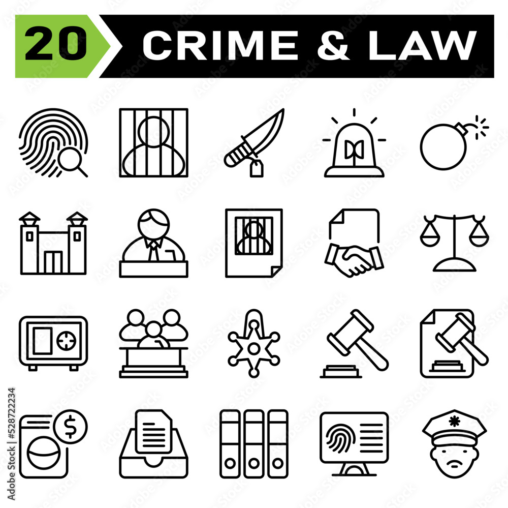 Crime and Law icon set include fingerprint, identification ...