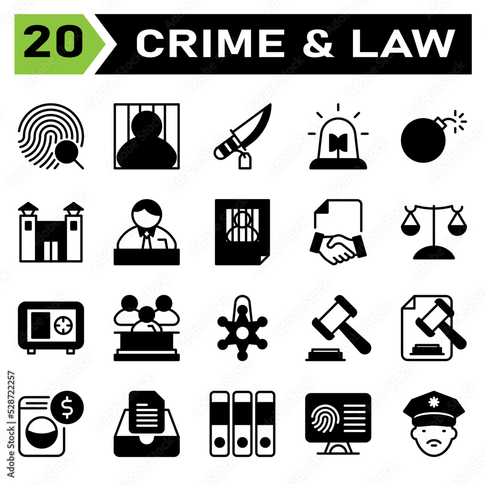 Crime and Law icon set include fingerprint, identification ...