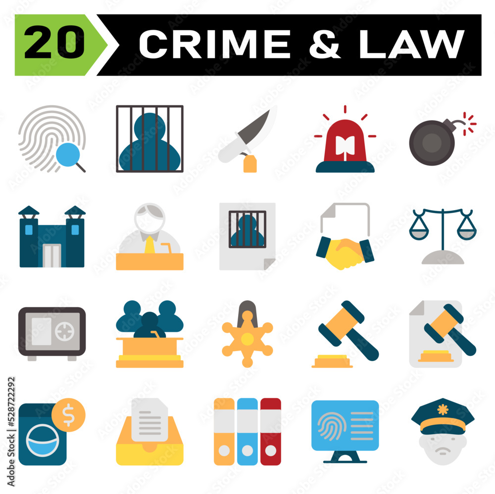 Crime and Law icon set include fingerprint, identification ...