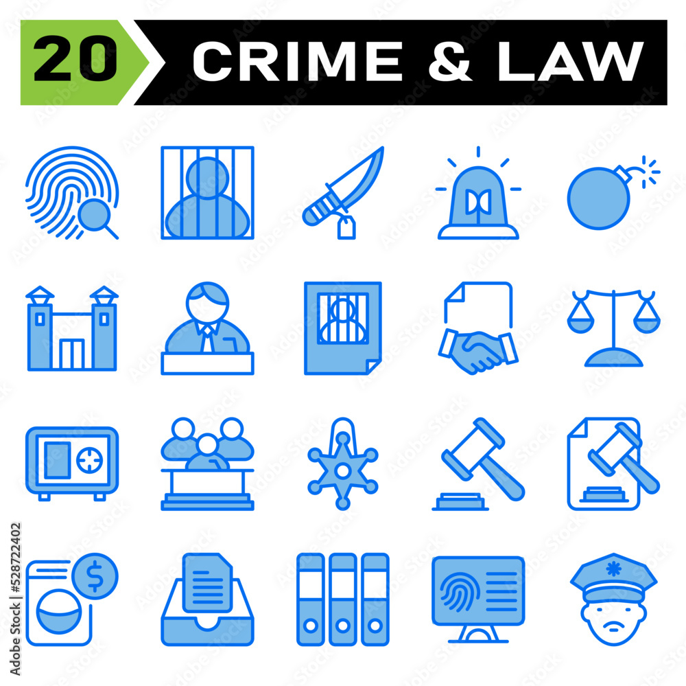 Crime and Law icon set include fingerprint, identification ...
