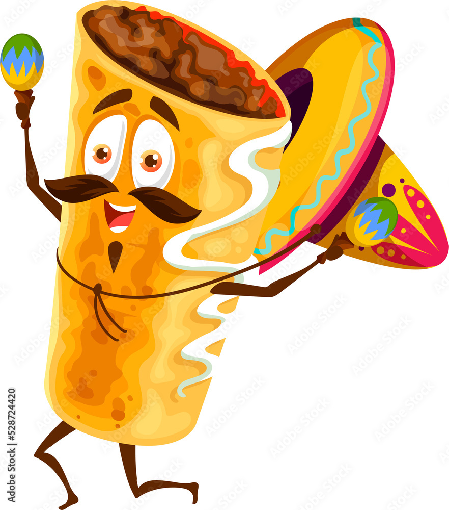 Mexican cartoon happy funny burrito in sombrero Stock Illustration ...