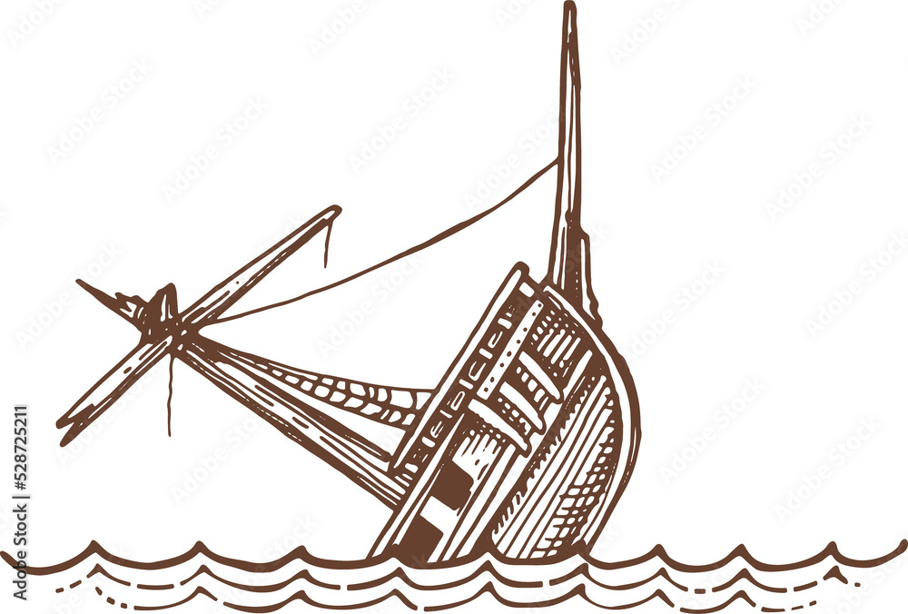 Sinking sunken boat in sea remains of wrecked ship Stock Illustration ...