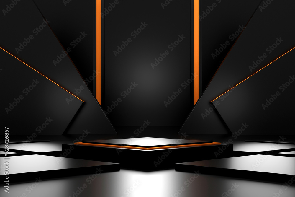 black geometric stage podium and neon light. dark scientific background ...