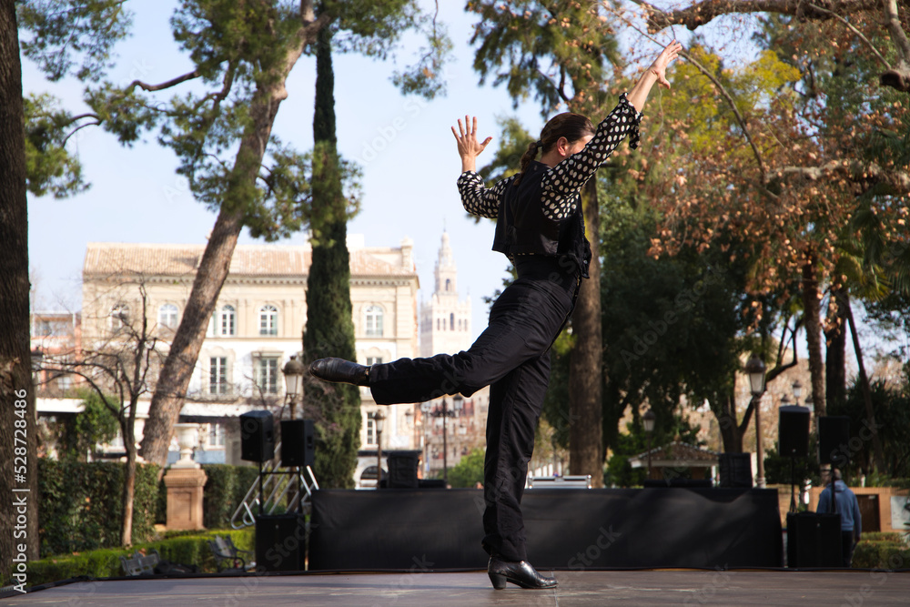 gypsy man with long hair dancing flamenco on an open air stage in a ...