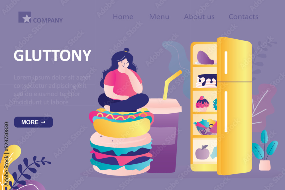 Vetor de Fat woman suffers from compulsive overeating at night. Concept ...