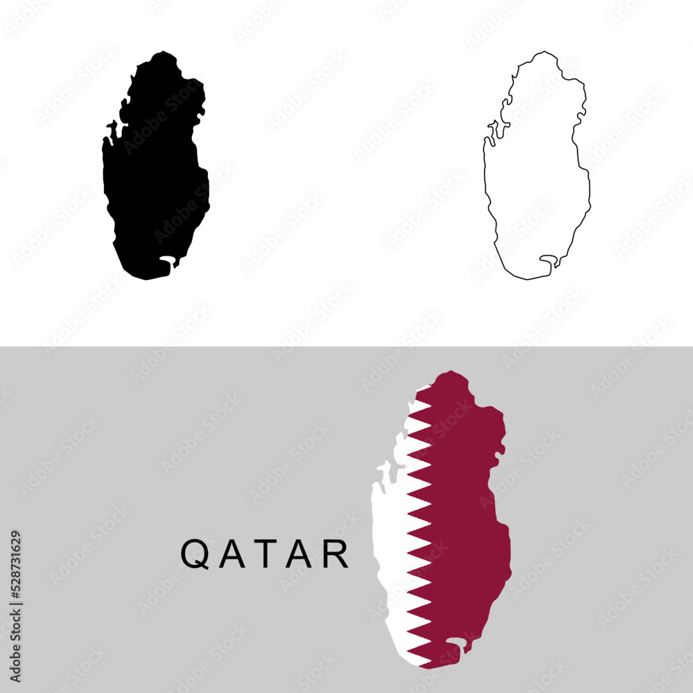 Set of Qatar map vector. Black Solid Shilouette, Black Outline, Map ...
