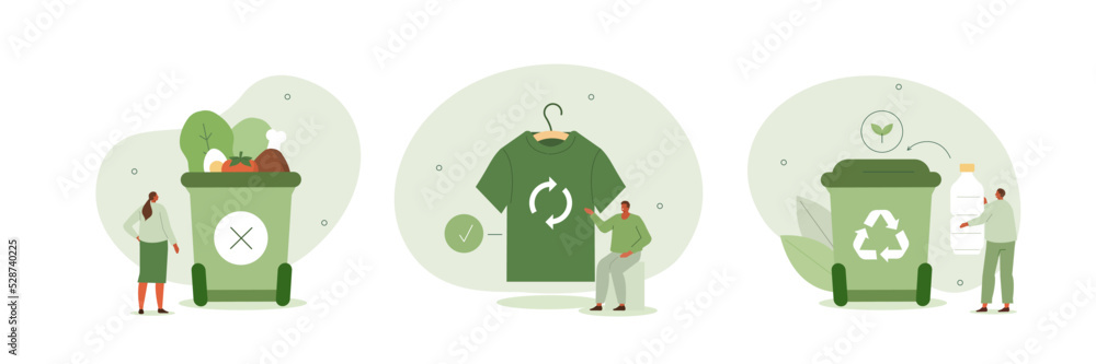 Sustainability illustration set. Characters reducing food waste, buying ...
