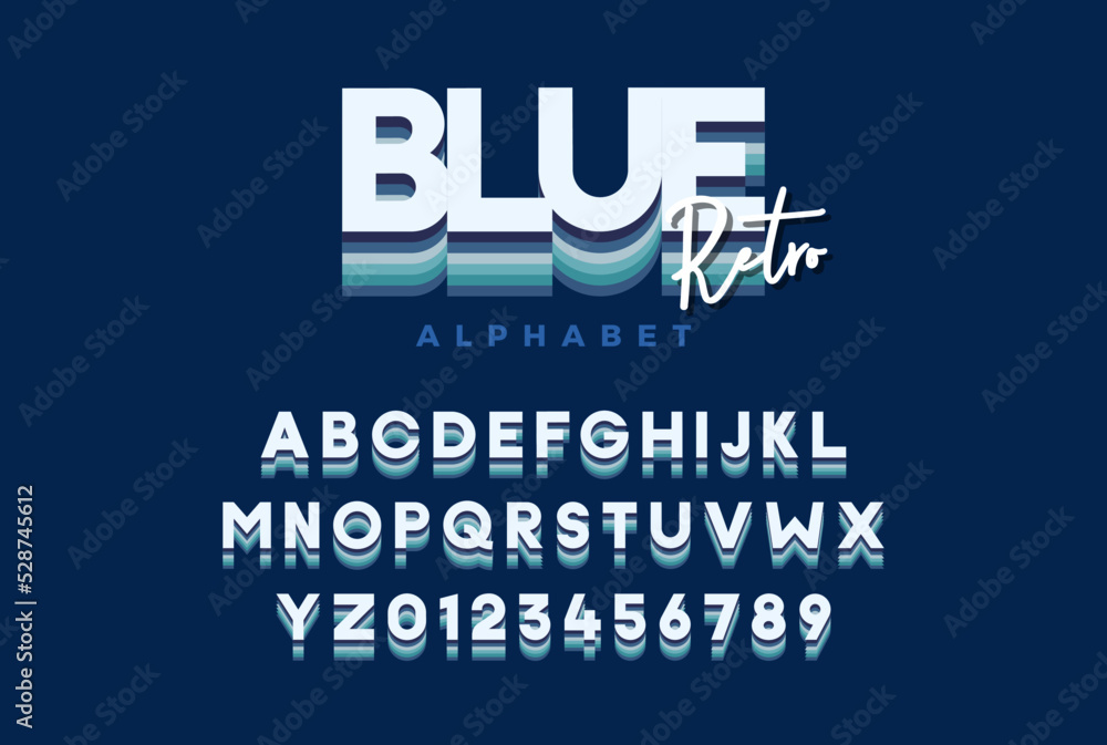 Blue retro font. Vector of modern vibrant alphabet and numbers ...