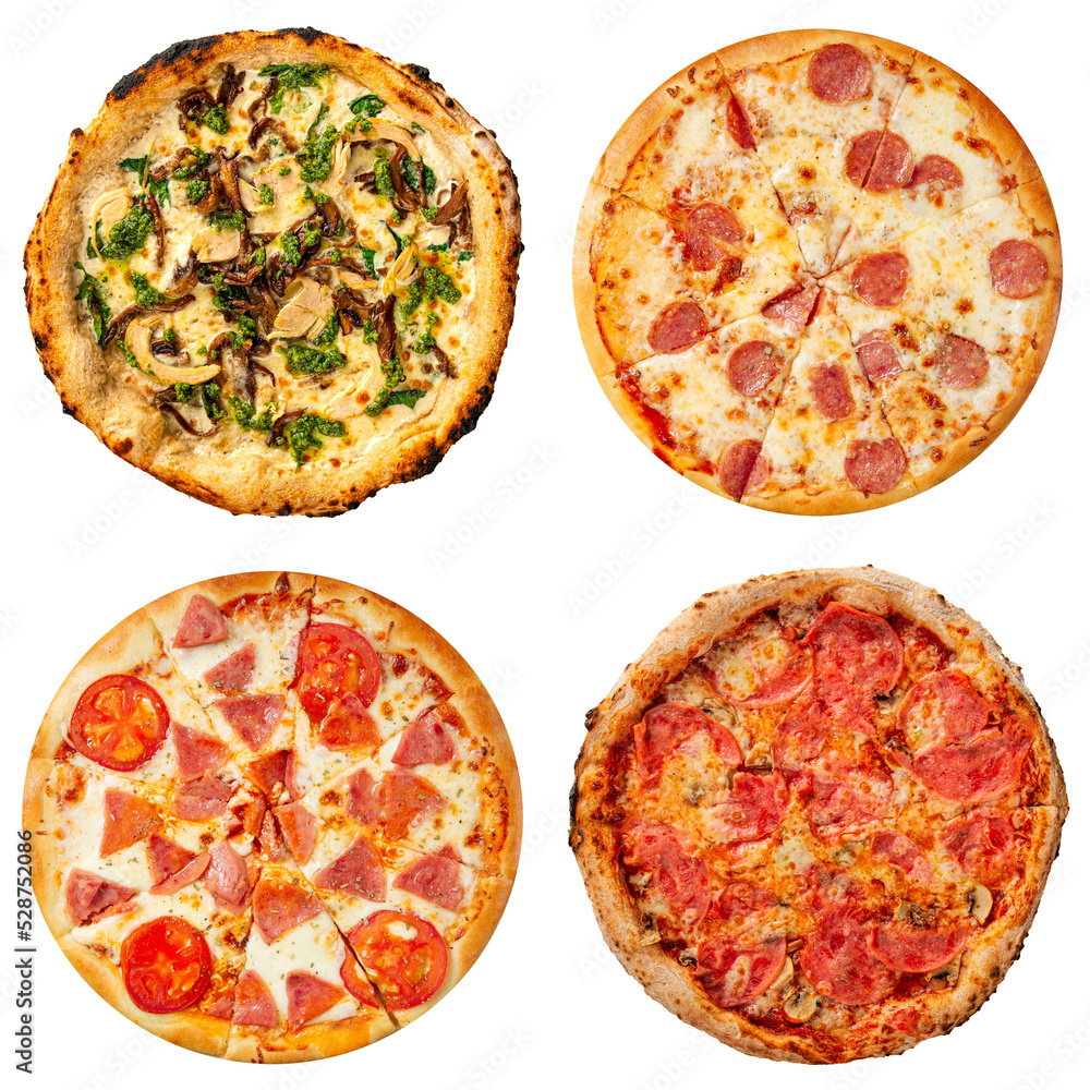 Set of different pizzas collage isolated png Stock Photo | Adobe Stock