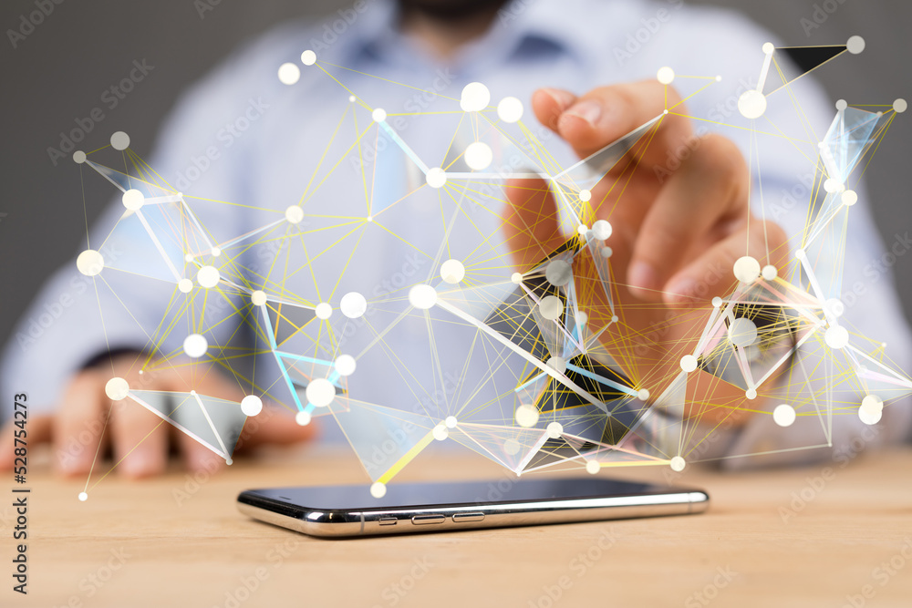 Global network. Blockchain. 3D illustration. Neural networks and ...