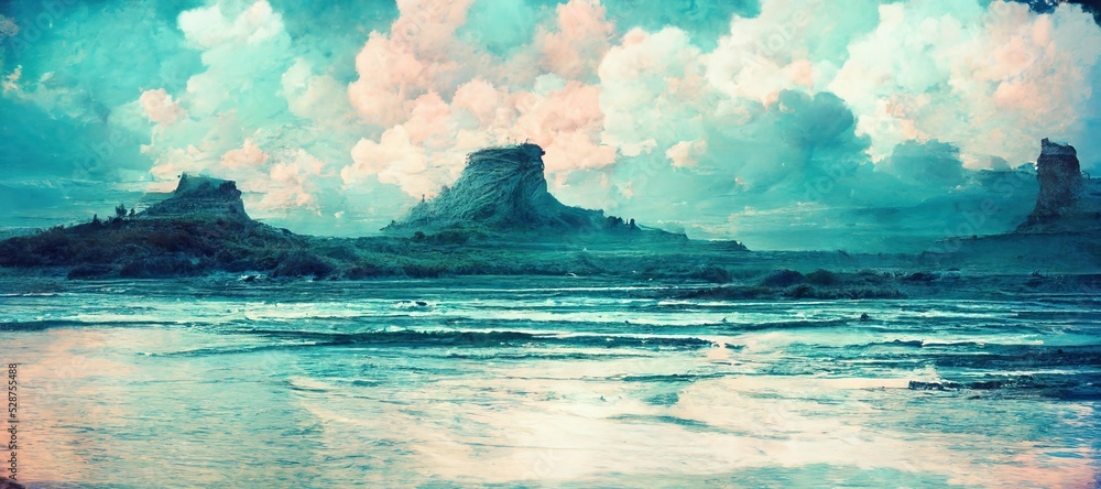 Watercolor style late afternoon north Atlantic beach shoreline with ...