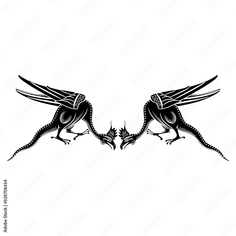 Symmetrical animal design with two winged dragons or basilisks ...