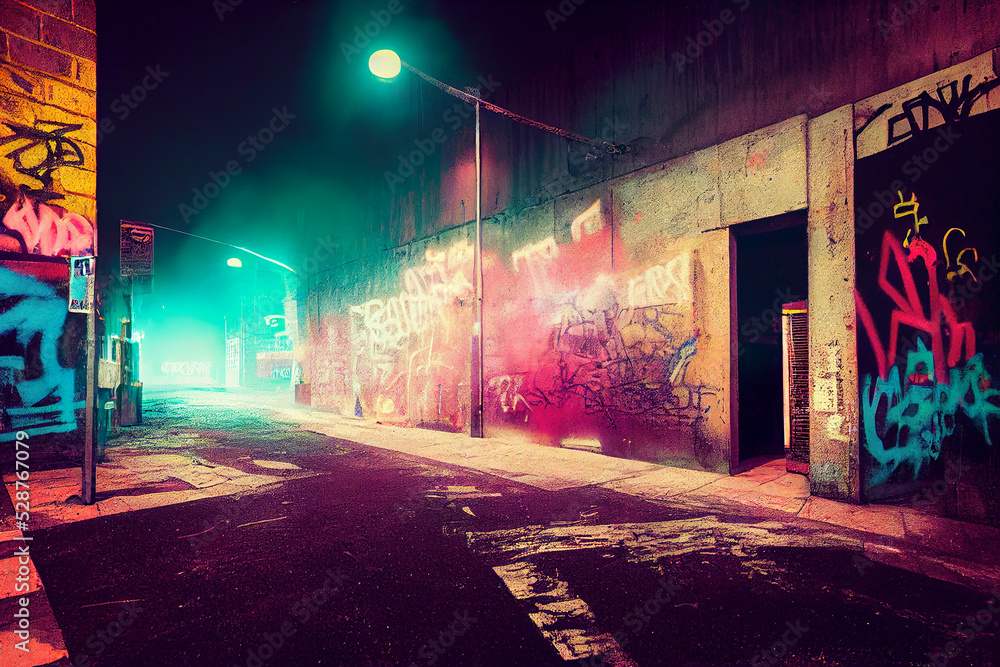 Dark, futuristic cyberpunk city street with graffiti and smog at night ...