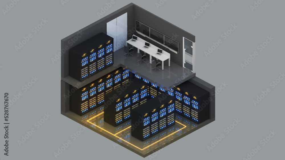 Isometric view of a small server room and control room,Data Center With Multiple Rows of Fully ...