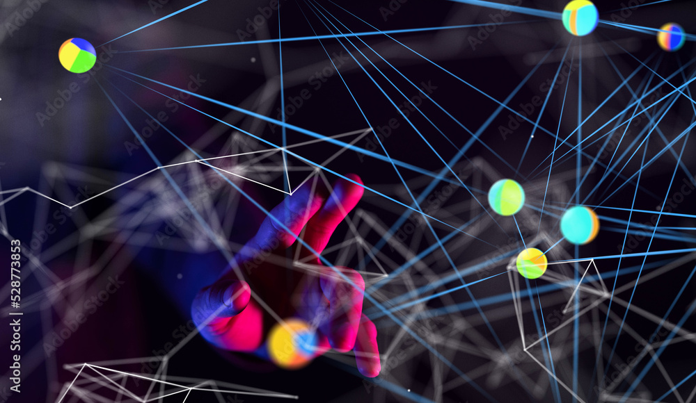 Global network. Blockchain. 3D illustration. Neural networks and ...