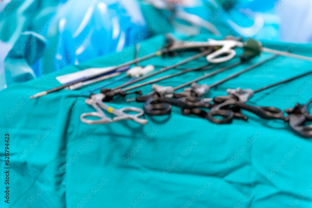 Sterile surgical equipment, Preparation for surgery. Close up of white ...