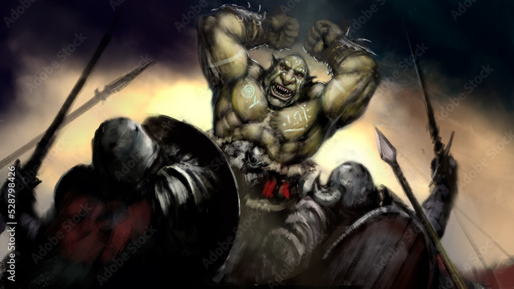 The green troll attacks the Vikings, runes are applied to his muscles ...