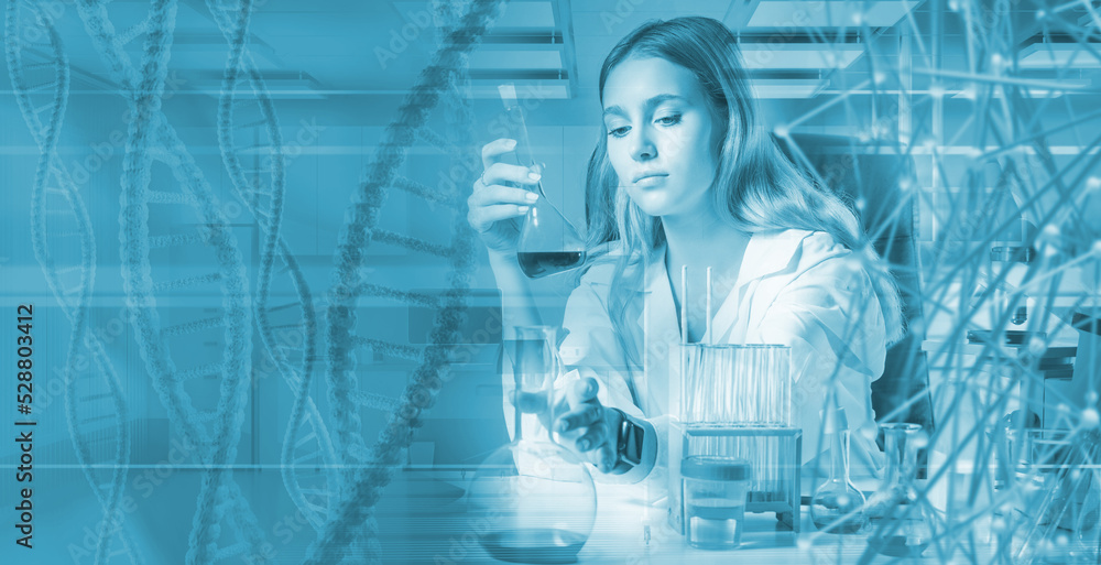 Geneticist woman. DNA helix. Geneticist works with human DNA ...