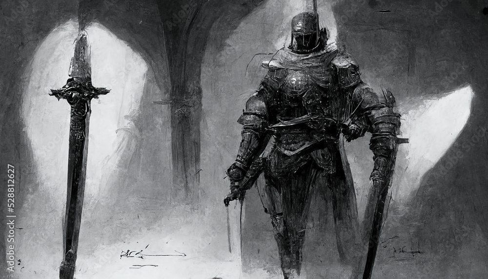 Epic dark knight with a sword hand drawn sketch illustration Stock ...