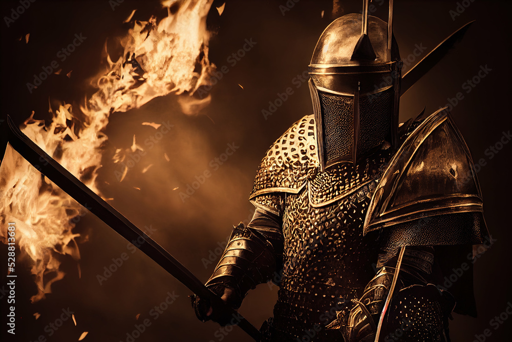 Realistic knight with a flaming sword, painting illustration Stock ...