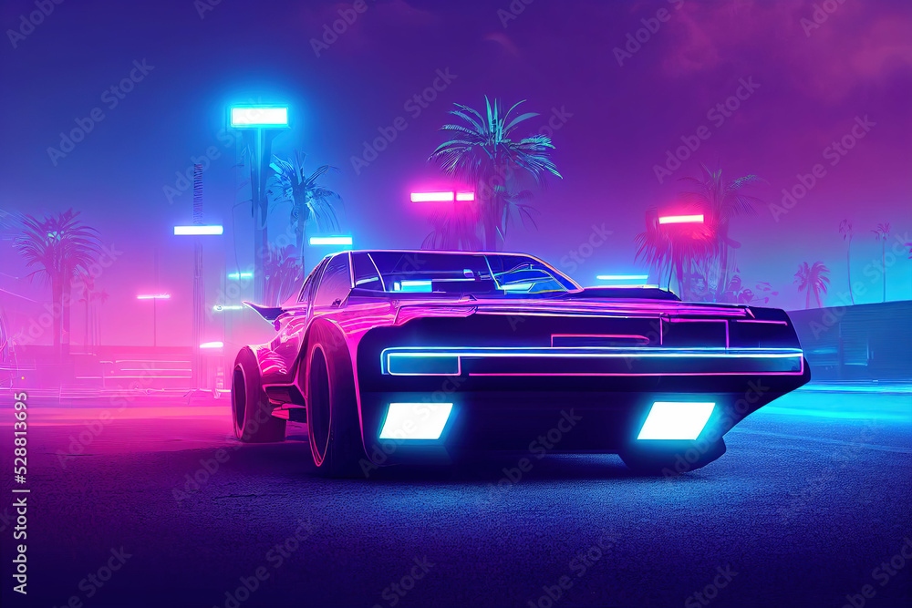 Futuristic retro wave synth wave car among palm trees in the style of ...