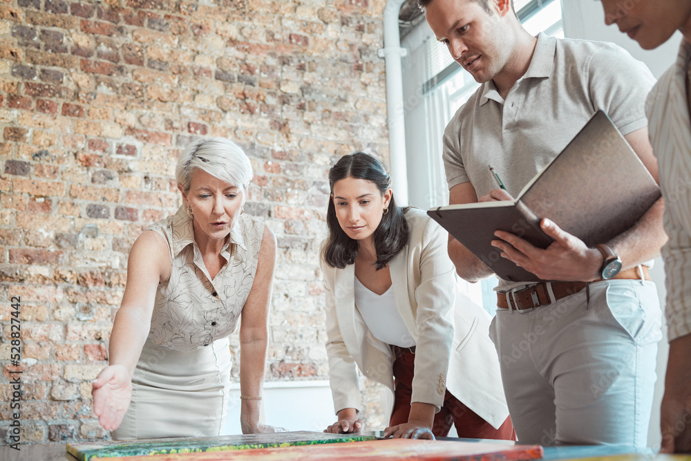 Leadership, teamwork and collaboration of art or painting team planning ...