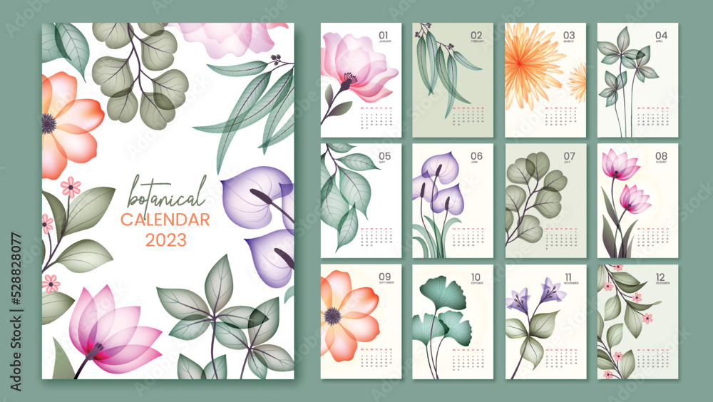 2023 botanical calendar. Beautiful templates with twelve months ...