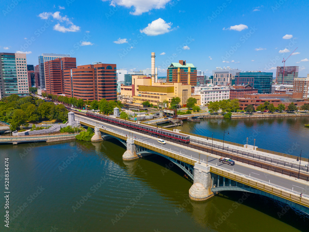 Cambridge Kendall Square skyline and MBTA red line train on Longfellow ...