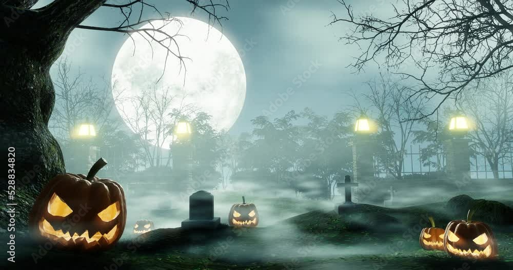 Halloween night cemetery, many graves, with pumpkins carved in the face ...