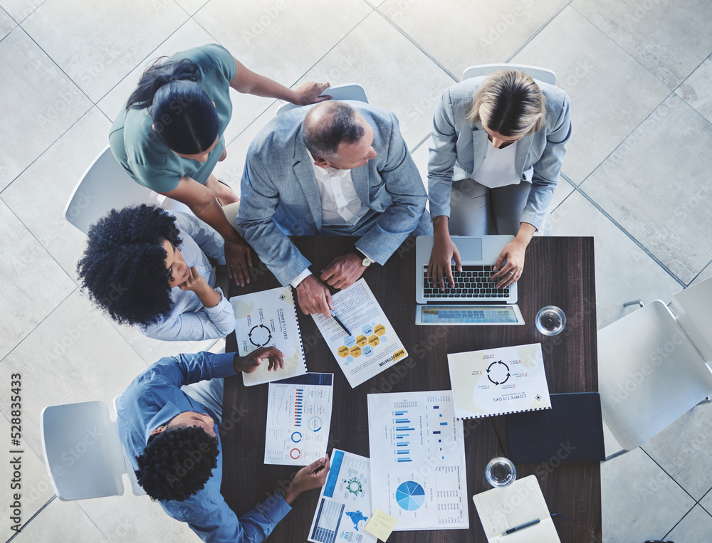 Conference team, table and discussion about documents at corporate ...