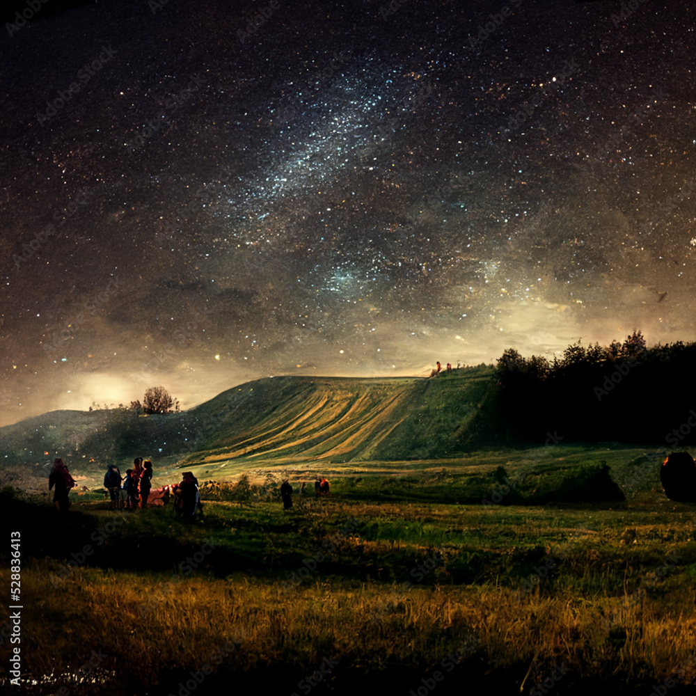 Night sky landscape with grasslands, hills overlooking the stars and ...