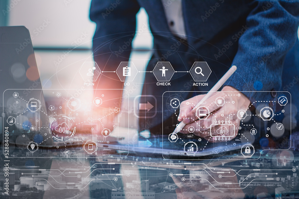 Foto Stock Double exposure-businessman using computer laptop,stock ...