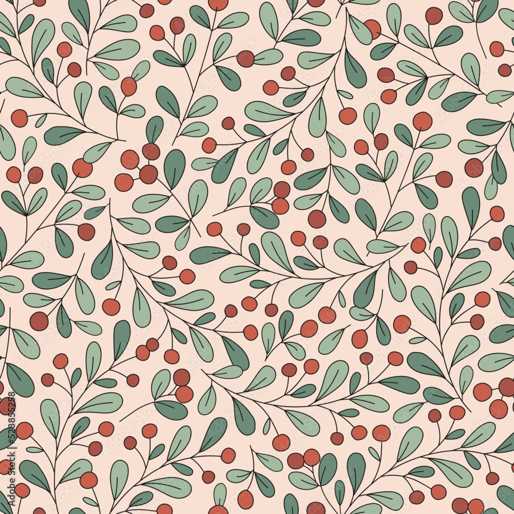 Christmas mistletoe with red berries Xmas plant vector seamless pattern ...