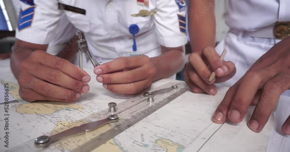 Student study Navigation ship chart for building a sailing route. Maps ...