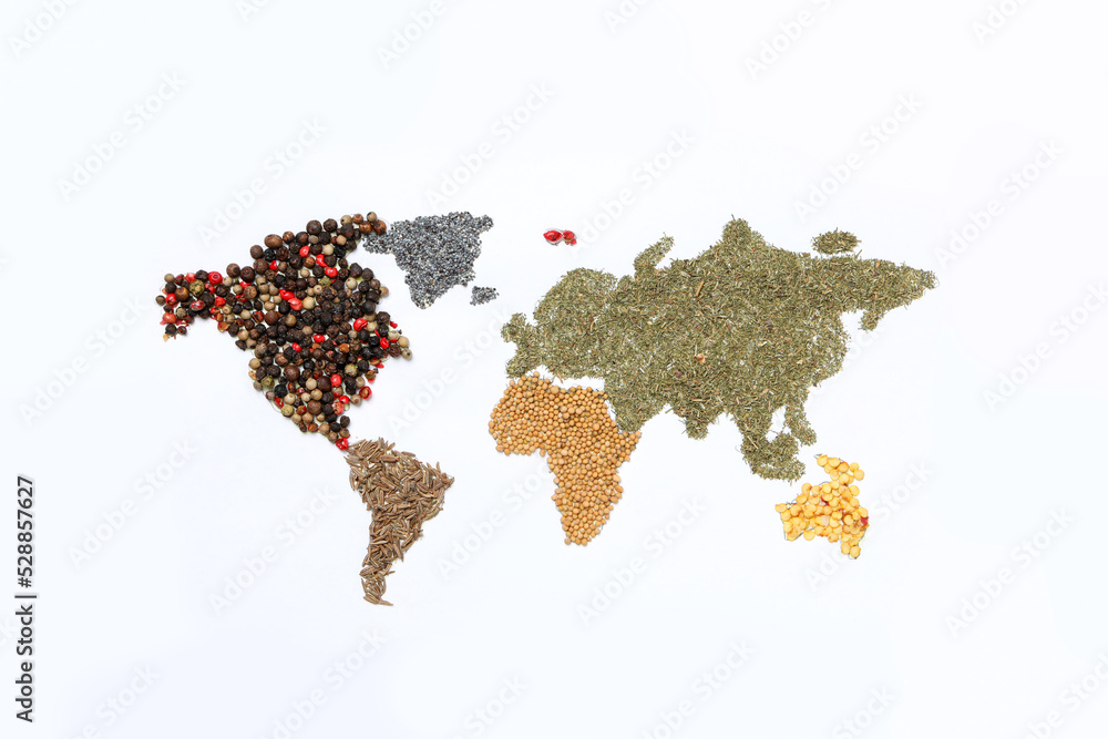 Map of world made from different kinds of spices Stock Photo | Adobe Stock