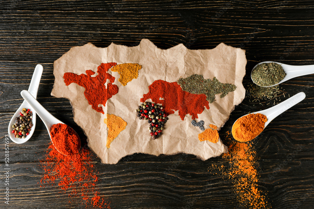 Map of world made from different kinds of spices Stock Photo | Adobe Stock