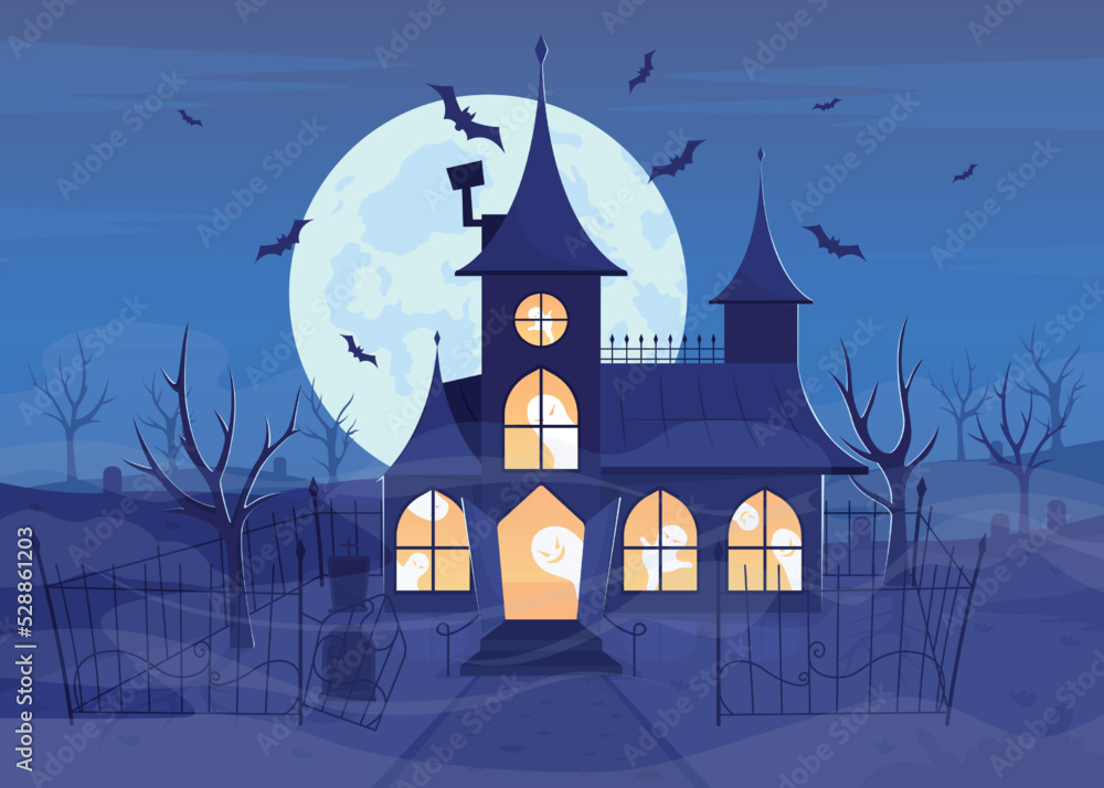 Mansion with ghosts flat color vector illustration. Haunted house ...