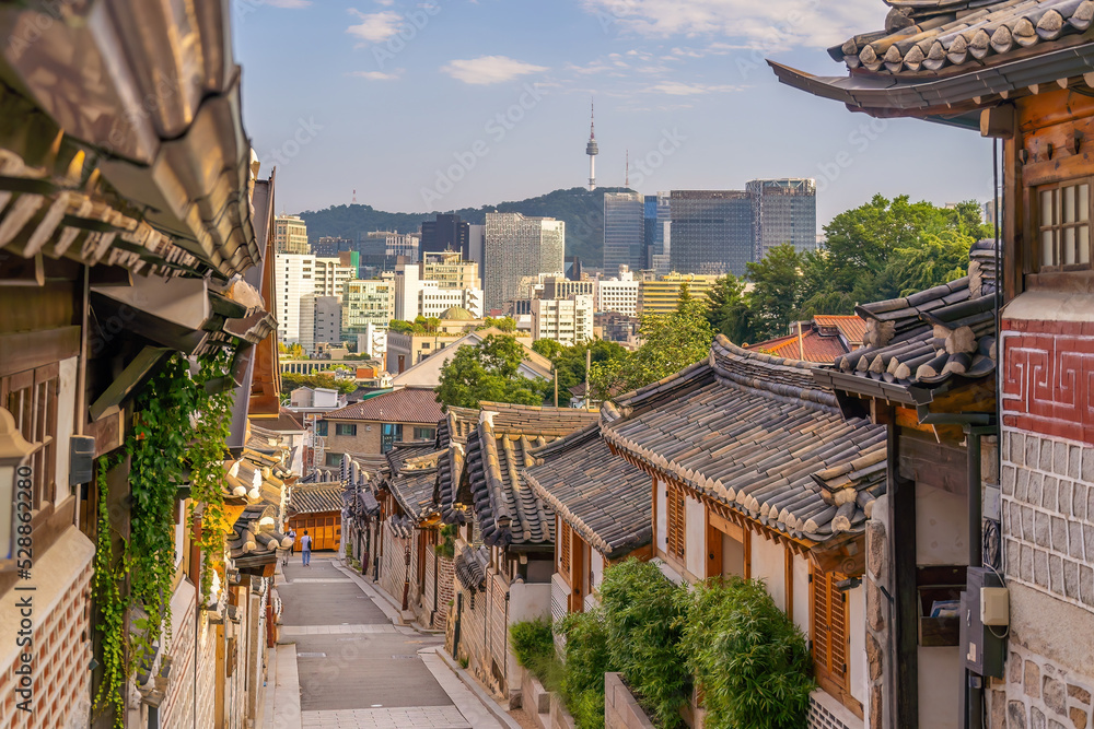 Bukchon Hanok Village with Seoul city skyline, cityscape South Korea ...