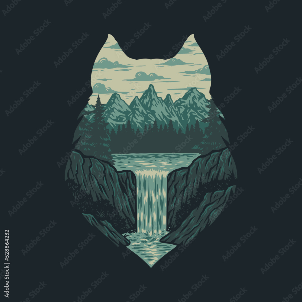 Vector drawing of wolf nature landscape, hand drawn line style with ...