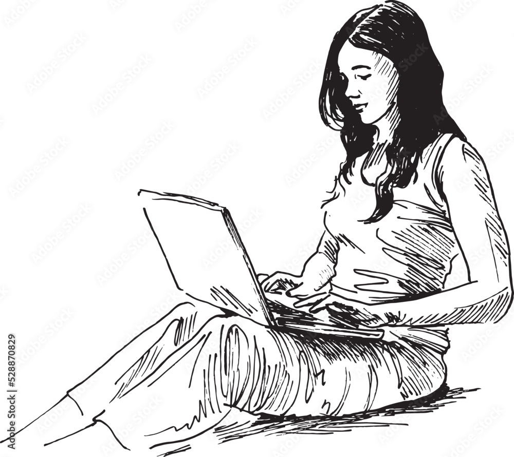 Hand sketch of a young woman with a laptop. Vector illustration. Stock ...