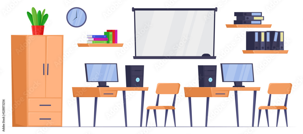 Computer classroom interior cartoon illustration set. Empty room with ...