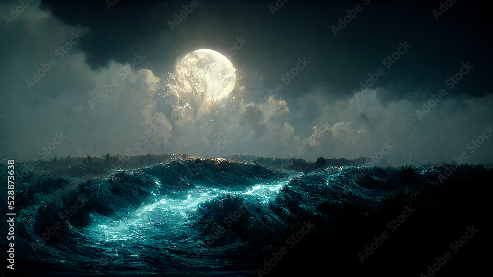 Full Moon Illuminates the Dramatic Stormy Sea Impressive Art ...