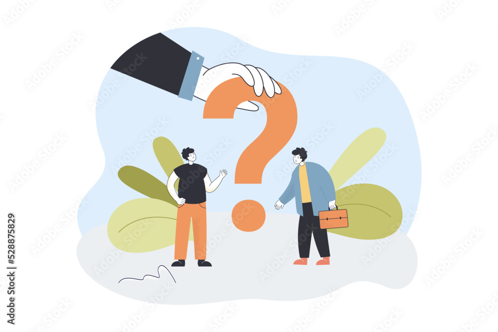 Hand holding question mark between tiny people in doubt. Thoughtful ...