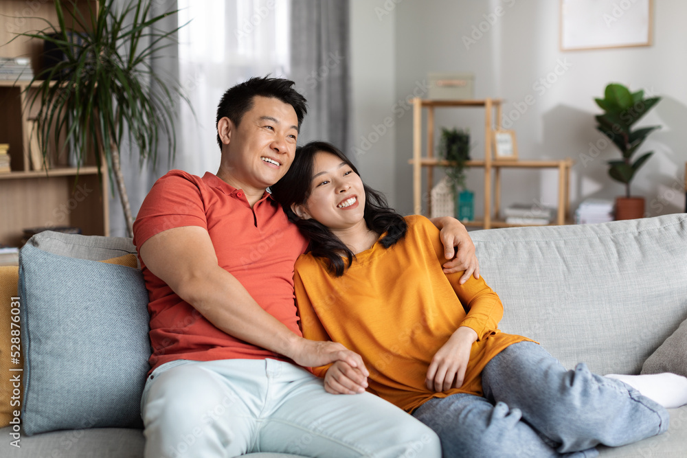 Loving asian husband and wife sitting on couch, hugging Stock Photo | Adobe Stock