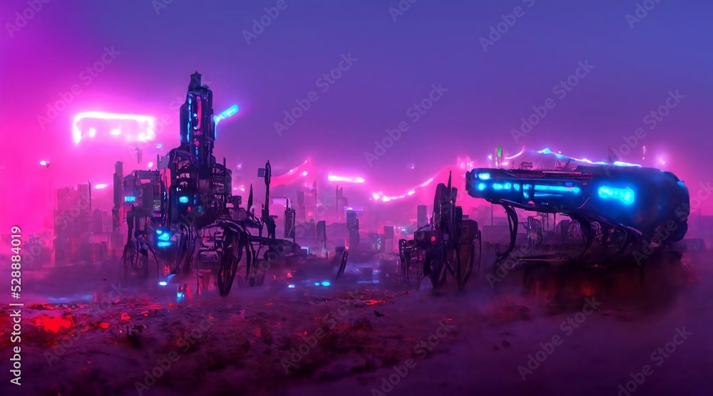Cyberpunk dystopian apocalyptic wasteland city neon-lit landscape - sci ...
