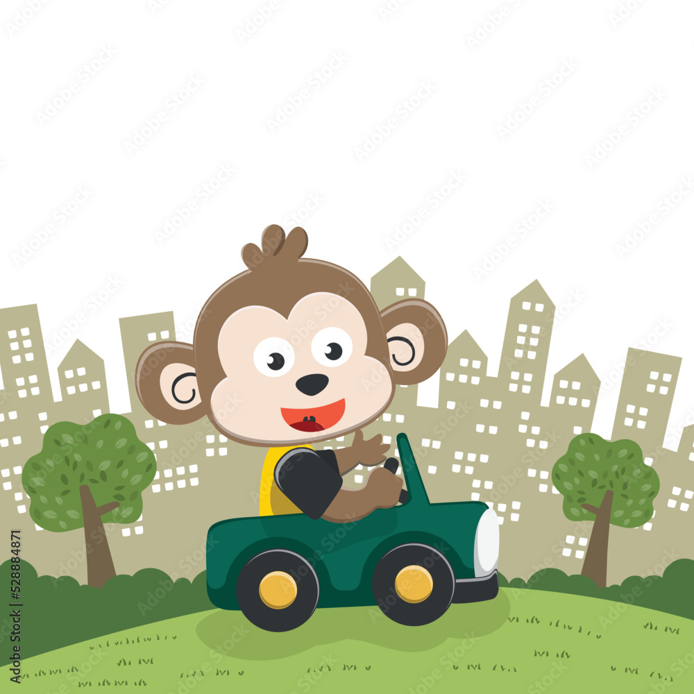 cute monkey driving a car go to forest funny animal cartoon. Creative ...