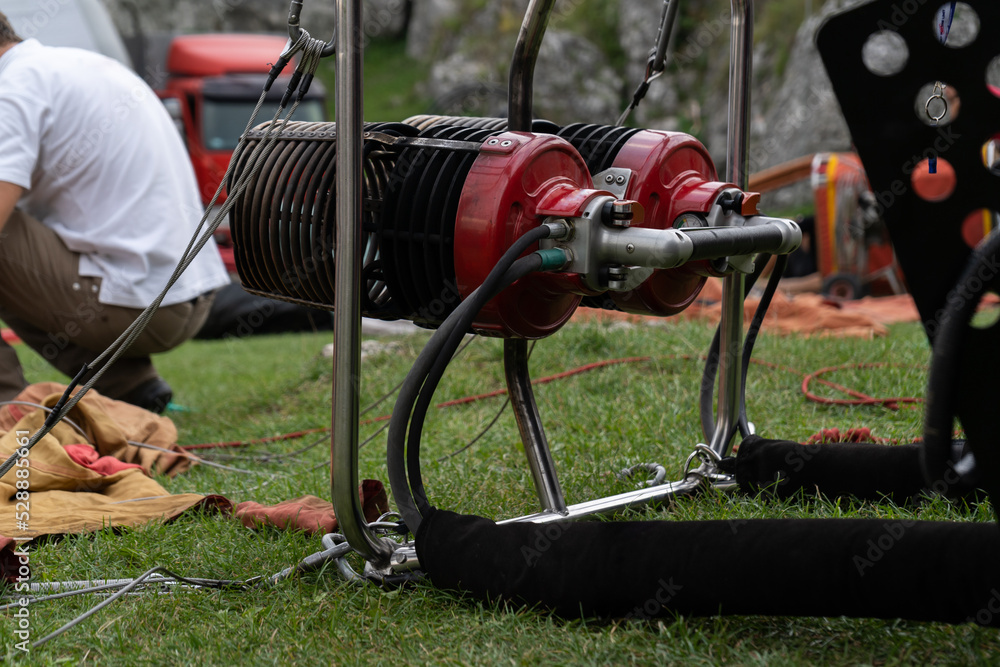 Hot air balloon gas burner. Ballooning equipment to heat up the ...