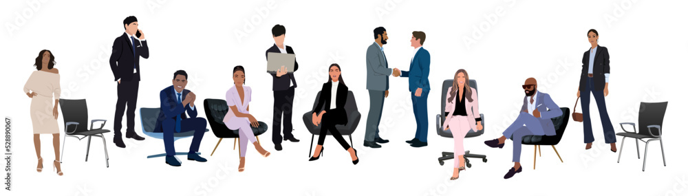 Men and women dressed in smart clothes take part in business meeting ...