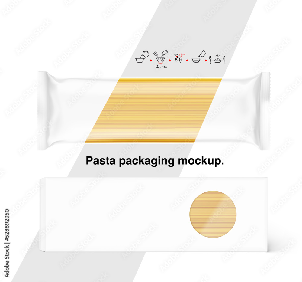 Realistic pasta food package bag and cardboard box mockup with ...