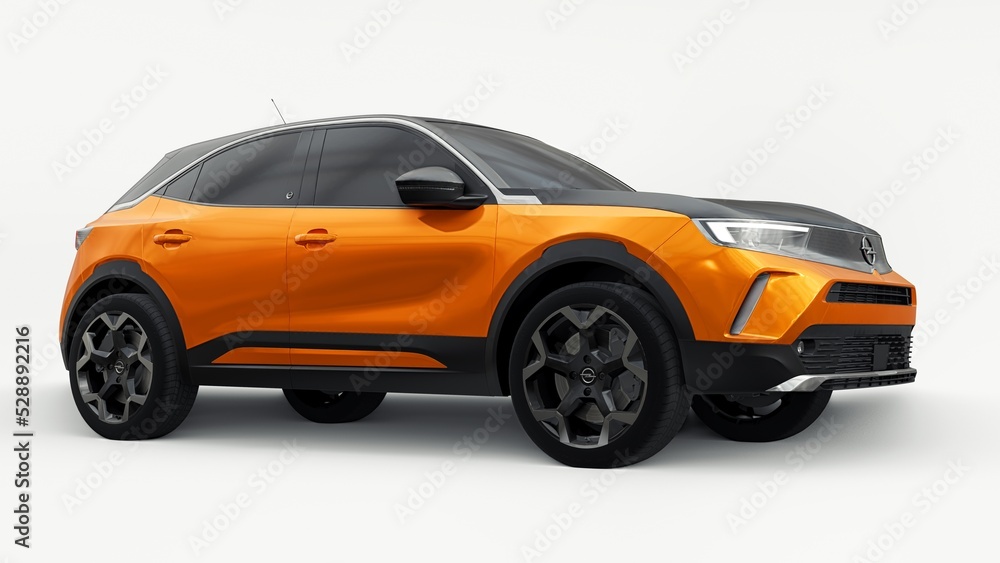 Berlin. Germany. July 25, 2022. Orange Opel Mokka-e 2022 on a white ...
